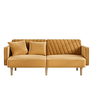 OUYESSIR Futon Sofa Bed, 75.3", Couch, Small Sofa, Sleeper Sofa, Loveseat, Mid Century Modern Velvet Futon Couch with 2 Pillows for Living Room (Yellow Velvet, Futon)