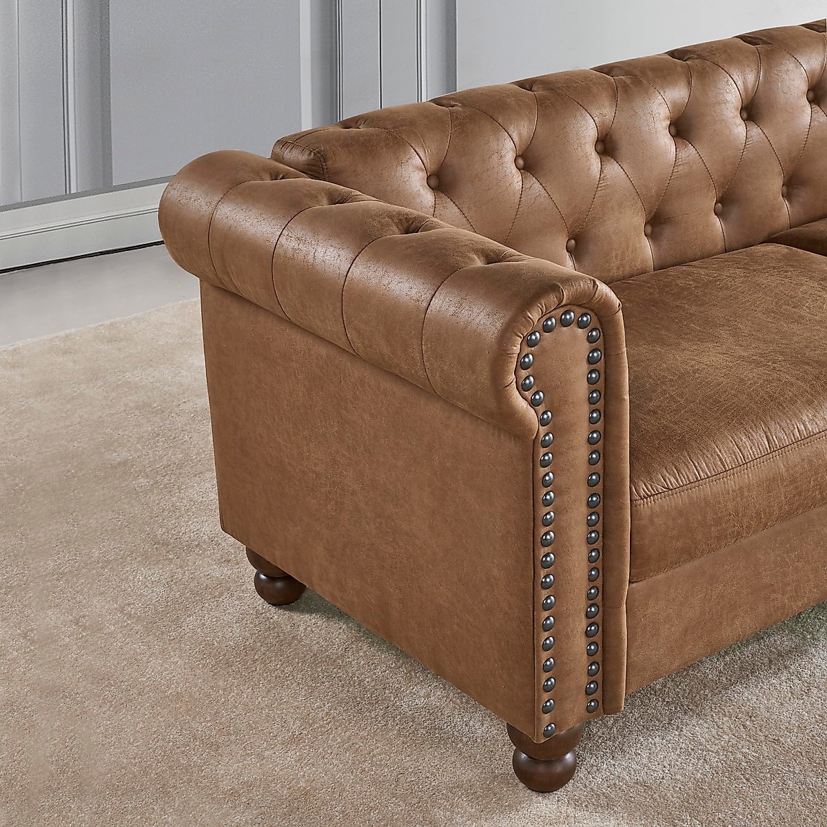 RUNOLIG Chesterfield Sofa, Vintage Tufted Couch with Button Tufted Back and Roll Arms, 3 Seater Couch with Nailhead Trim and Solid Wood Legs, Upholstered Sofas for Living Room, Apartment (Brown)
