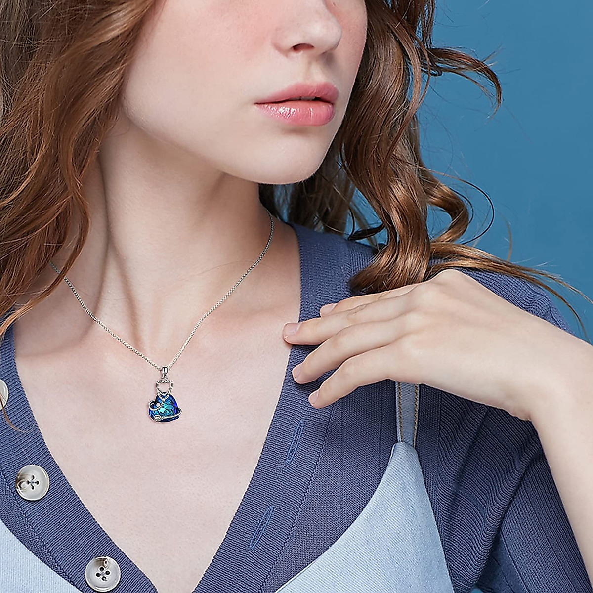 AOBOCO Nurse Jewelry Gifts for Women Sterling Silver Stethoscope Necklace with Blue Heart Crystal