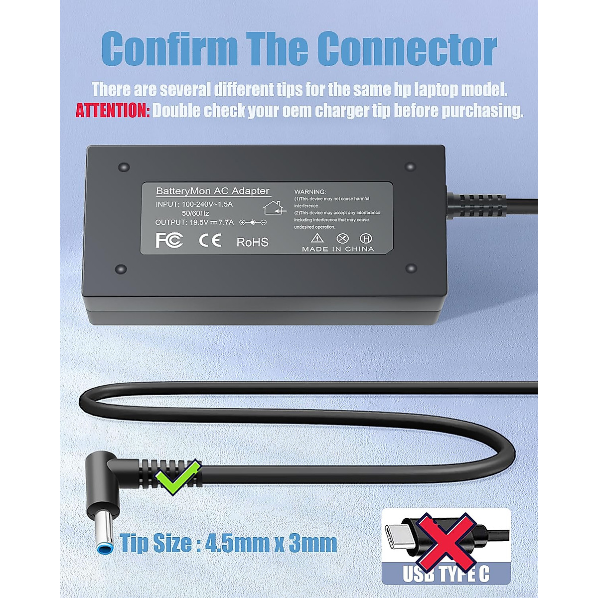 135W 150W AC Adapter for HP OMEN 15 17 Pavilion Gaming Laptop, Spectre x360 15t-df100 ZBook Studio 15 G6 G5 G4 G3 Victus 15, 4.5mm Blue Tip Charger 776620-001 917677-003 917649-850 TPN-CA11 19.5V