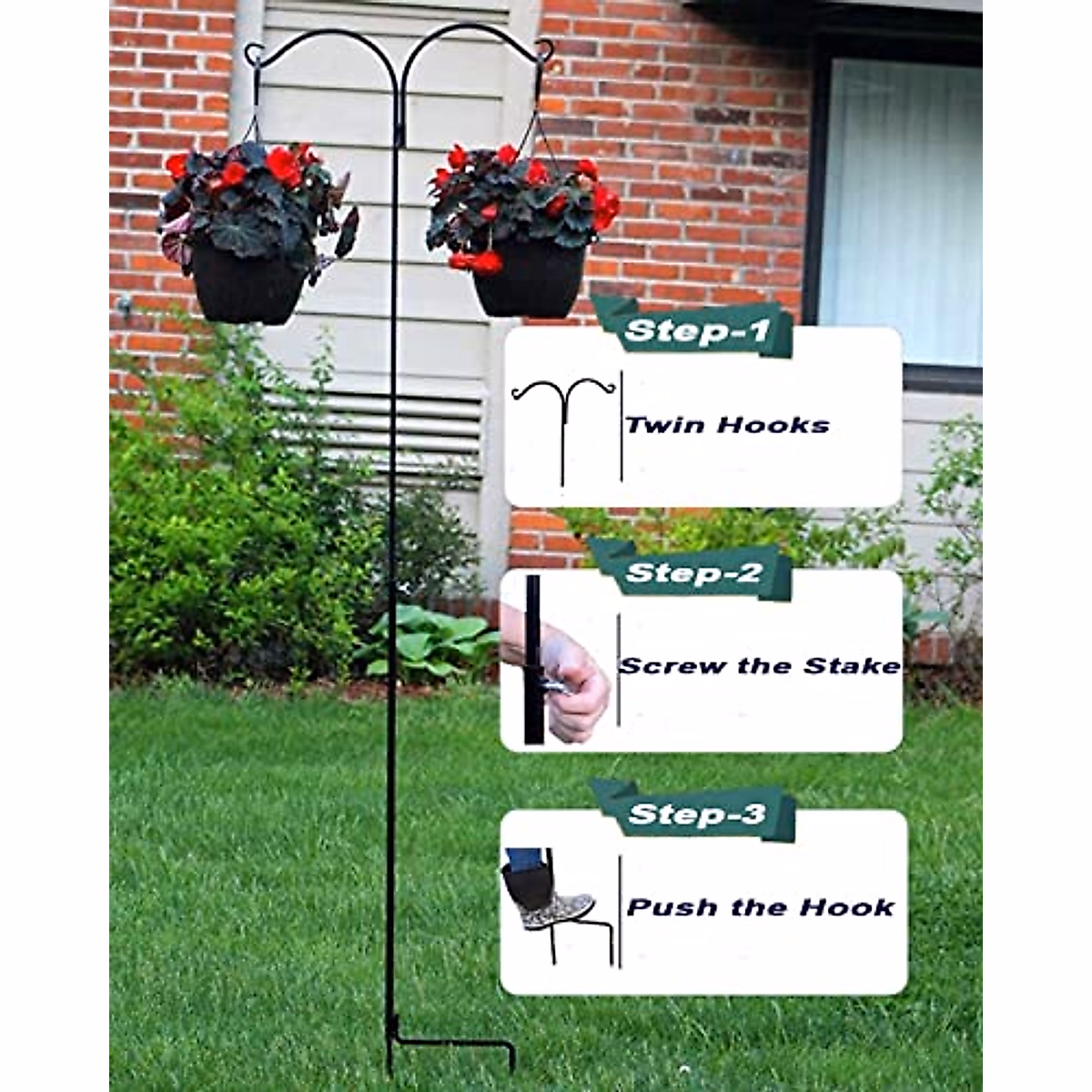 Ashman Black Shepherd Hook 65 Inch (2 Pack), 12MM Thick, Super Strong, Rust Resistant Steel Hook Ideal to use for at Hanging Wind Chimes, Hanging Plant Basket, Solar Light, Bird Feeder and More.
