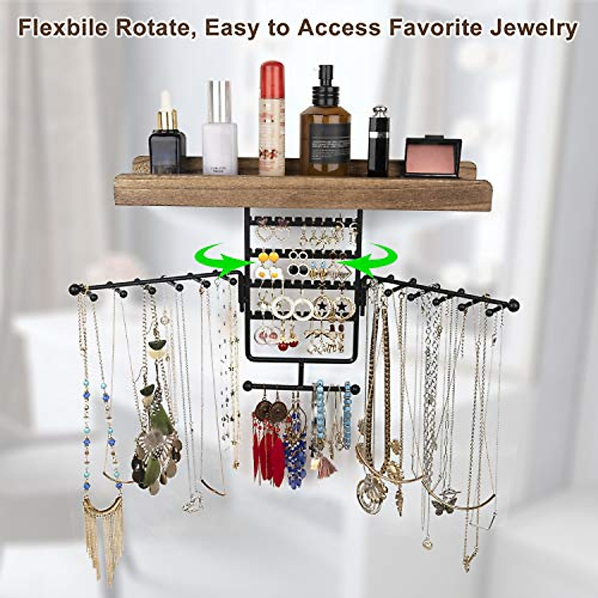 Jewelry Organizer Wall Mounted Rotating Jewelry Holder Hanging Storage Display for Necklaces Bracelet Earring Ring (Carbonized Black)