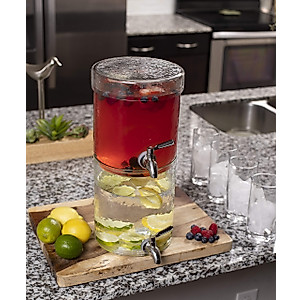 BIRDROCK HOME 2 Gallon Stacking Beverage Dispenser with Lid - Hammered Glass - Stainless Steel Spigot - Decorative Round Jar for Drinks - Lemonade Sangria Tea Water Drink Jar Jug - Home Parties