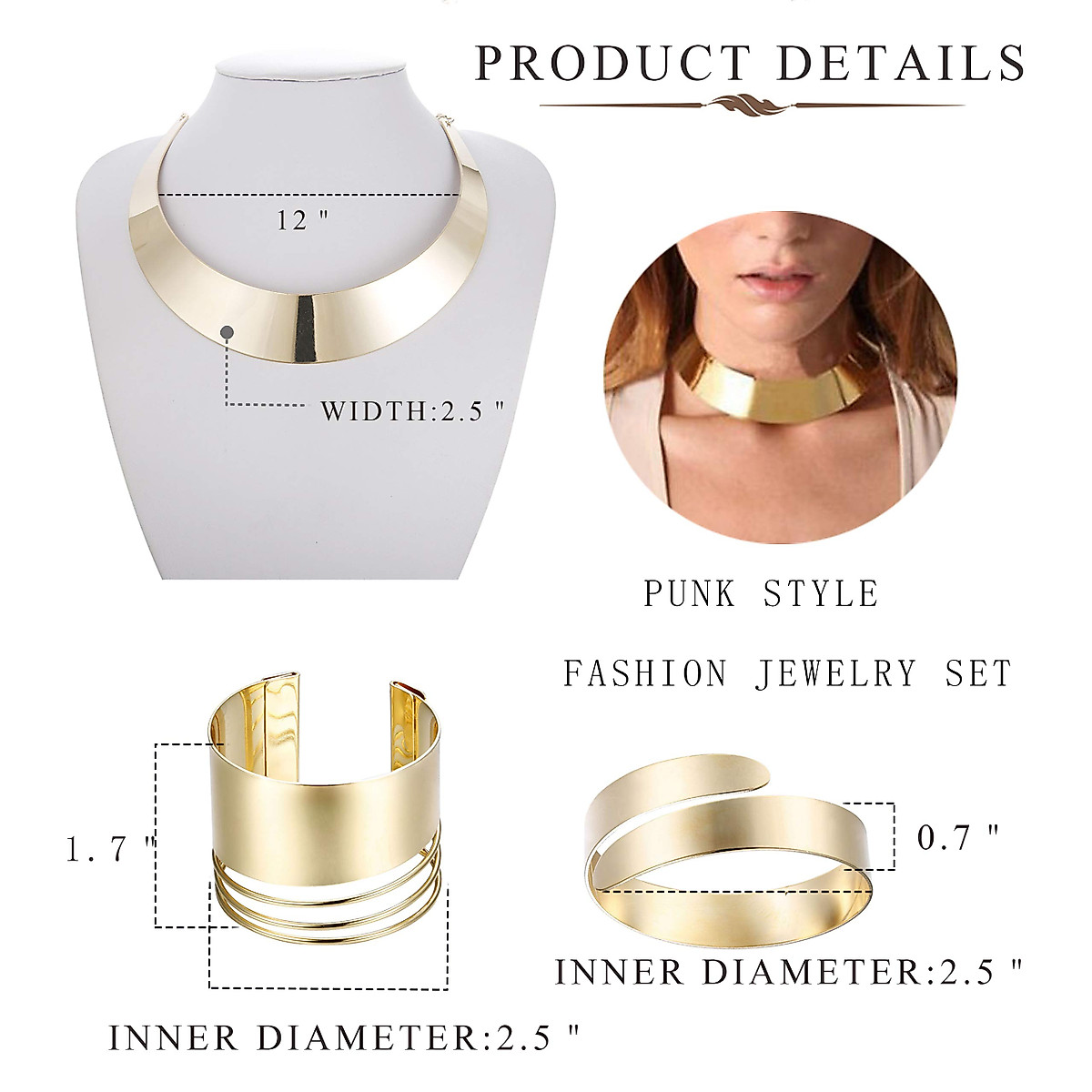 HANPABUM Women Gold Tone Choker Necklace and Cuff Bangle Bracelet Jewelry Set Exaggerated Punk Style (A:Gold Tone)