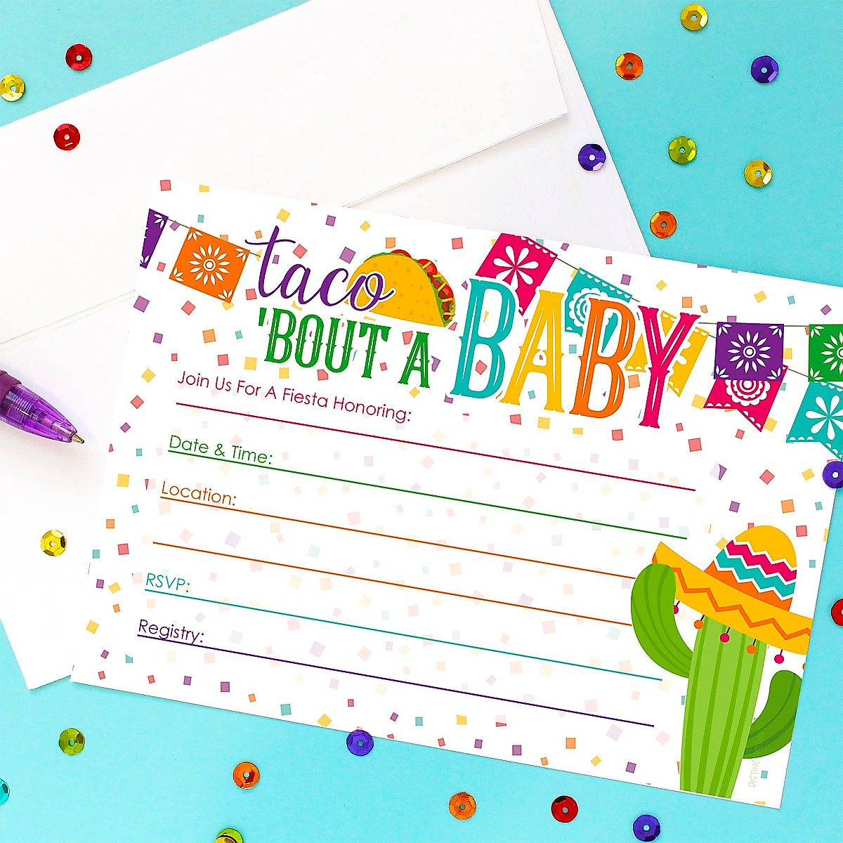 DISTINCTIVS Taco 'Bout a Baby Fiesta Baby Shower Party Invitations - 10 Cards with Envelopes