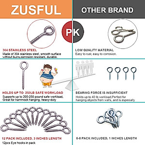 ZUSFUL 12-Pack 304 Stainless Steel Screw Eyes, Heavy Duty Screw in Eye Hooks Ring for Yoga, Swing Chair, Indoor & Outdoor, Self Tapping, 3.2"