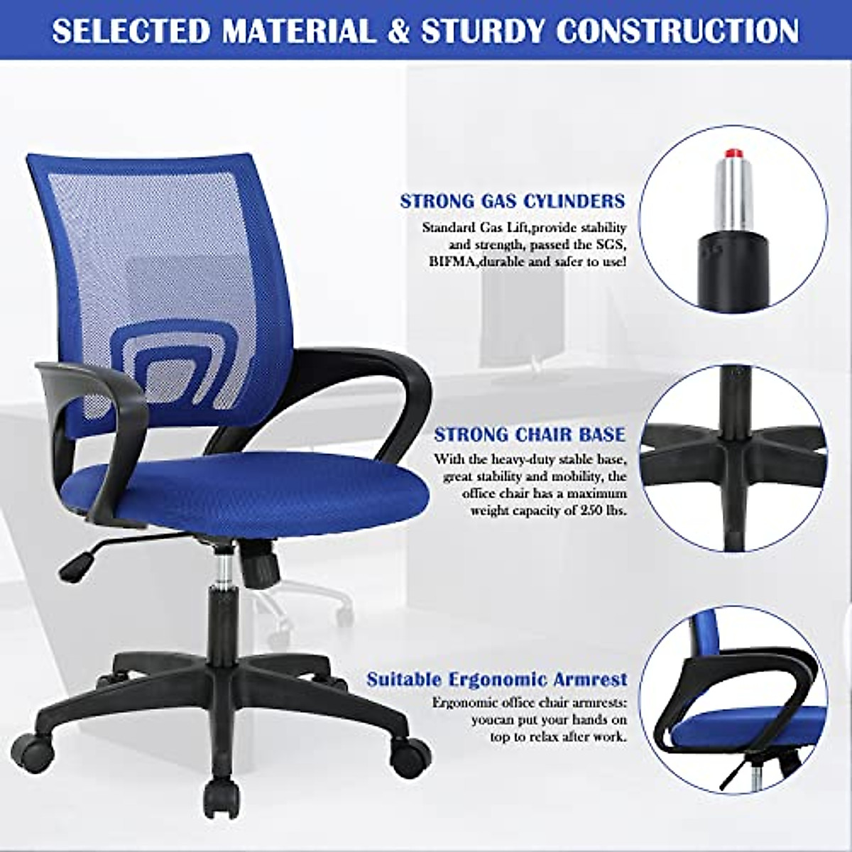 Home Office Chair Desk Chair Computer Chair with Lumbar Support& Armrest, Adjustable Ergonomic Mid Back Task Chair Mesh Rolling Swivel Office Desk Chairs for Bedrooms, Blue