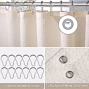 Upgraded Waterproof Shower Curtain for Bathroom with Metal Hooks Waffle Fabric Shower Curtain Heavy Duty Bath Curtain for Wet Room Bathtub Shower Stall, Weighted Hem - 72 x 72 (Cream White)