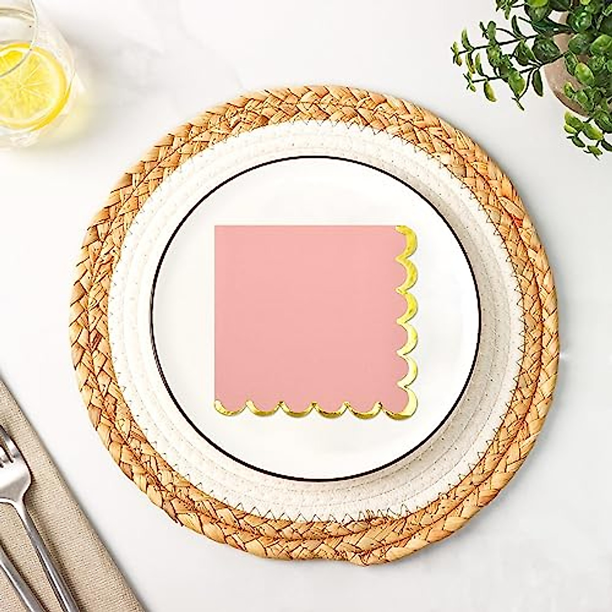 200 Pack Pink Paper Napkins Gold Foil Scalloped Cocktail Napkins Pink Disposable Beverage Napkins for Pink Themed Party Supplies Birthday Baby Shower Wedding Dinnerware Tableware Decorations