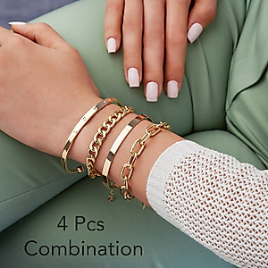 Pera Jewelry 14K Gold and Silver Plated Layered Bracelet Sets, 4 Pieces, Adjustable Layered Link Bracelets Sets, Stainless Steel, no gemstone