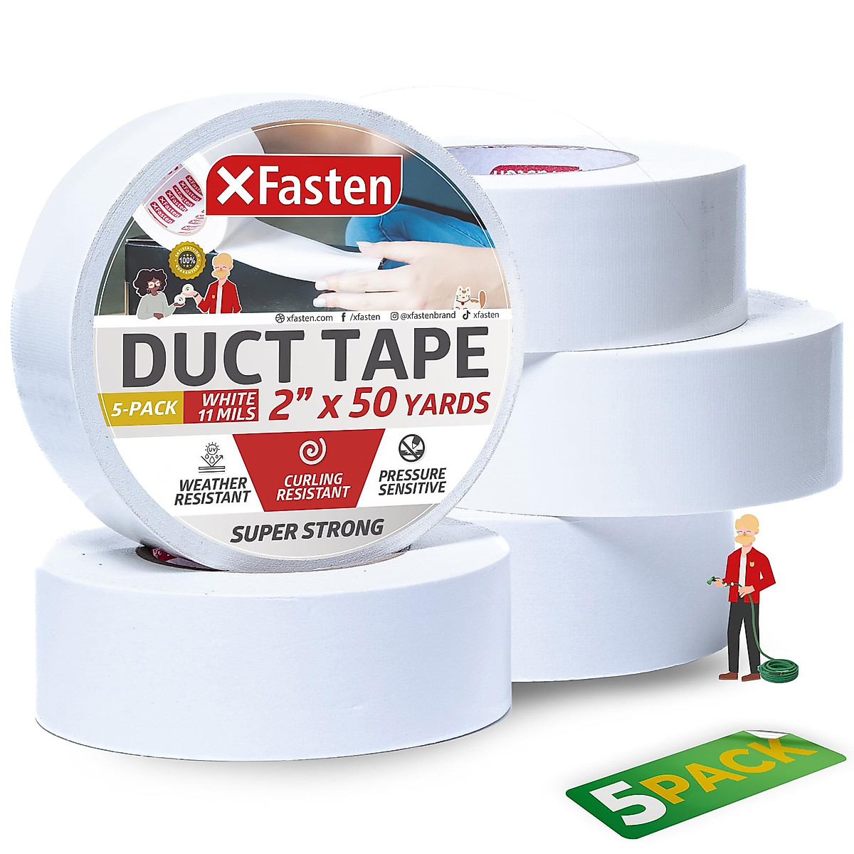 XFasten White Duct Tape Heavy Duty Waterproof 2 Inch x 50 Yards (5-Pack, 750ft Total) 11 mils Super Strong HVAC Duct Tape White Color for Indoor, Automobile, Repair, Patching and Outdoor Use