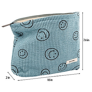 GUTGNK Makeup bag for Women, Corduroy Cosmetic Bag Aesthetic Design Ladies Tote Bag,Cute Smiley Face Makeup Organizer with Zipper - Blue