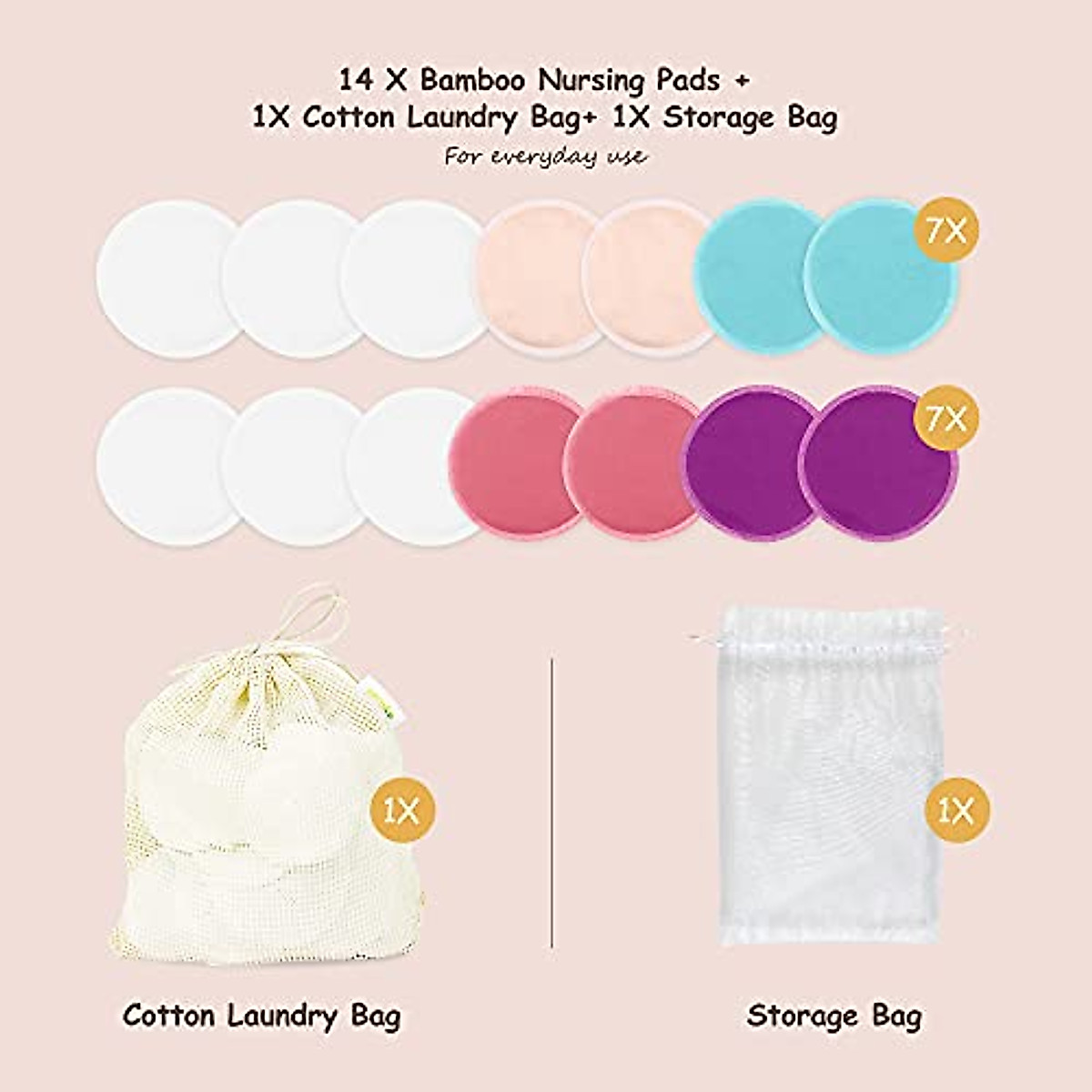 Langsprit Leak-Proof Reusable Bamboo Nursing Pads(14 Pack),Super Absorbent Washable Breast Pads with Laundry Bag (Original, Round)