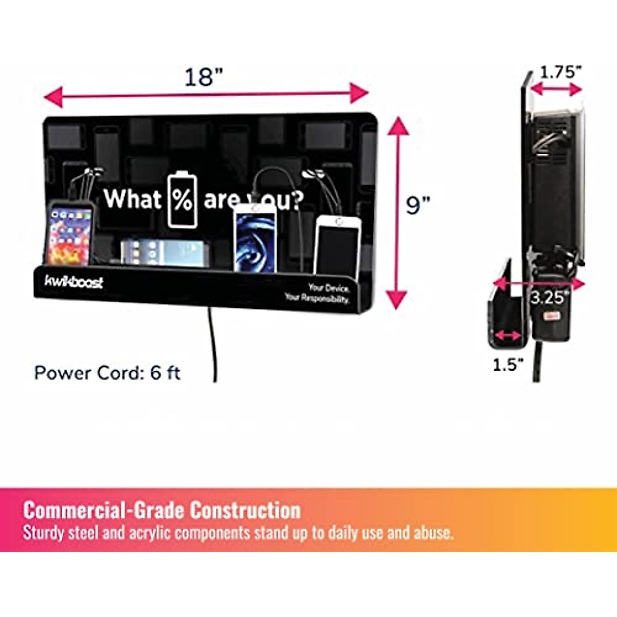 KwikBoost Wall Mount Cell Phone Charging Shelf | Multi-Device Station with 8 Ports | Compatible with Apple iPhone, iPad, Samsung, Android, Tablets and More! (18" x 9")