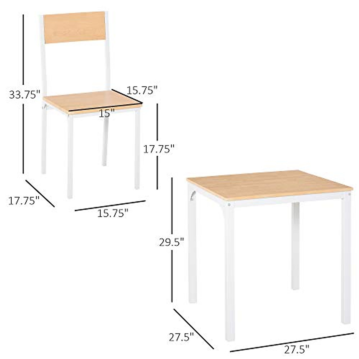 HOMCOM 3-Piece Wooden Square Dining Table Set with 1 Table and 2 Chairs and Sturdy Metal Frame for Small Space, White