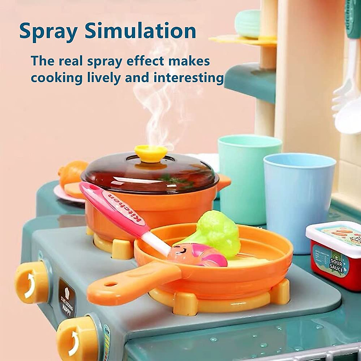 deAO My Happy Little Chef Kitchen 80 Pieces Pretend Play Set with Multi-functional Button Panel, Light, Sound, Real Steam Functions and Colour Changing Accessories Included(Blue)