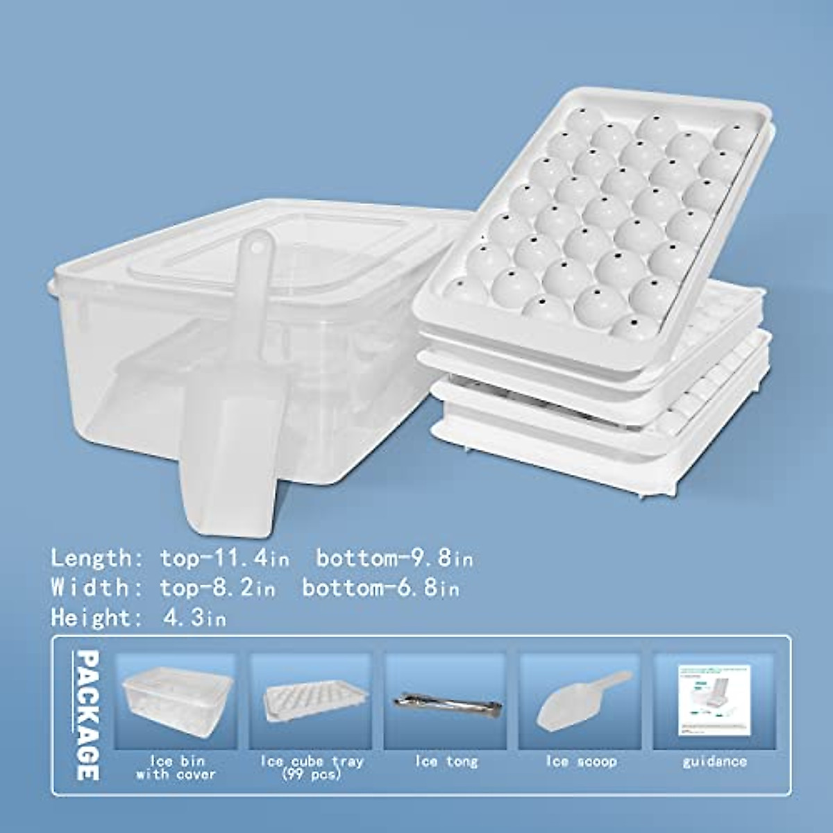 Ice Cube Tray, Round Ice Cube Trays for Freezer, Circle Ice Ball Maker Mold Making 1.2in X 99PCS Sphere Ice Chilling Cocktail Whiskey Coffee, 3 Pack Ice Trays with Lid & Bin & Ice tong & Scoop (White)