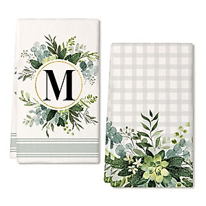 GEEORY Monogram Letter M Kitchen Towels for Home Decor Eucalyptus Leaves Family Last Name Initial Dish Towels 18x26 Inch Ultra Absorbent Bar Drying Cloth Hand Towel Bathroom Decorations Set of 2
