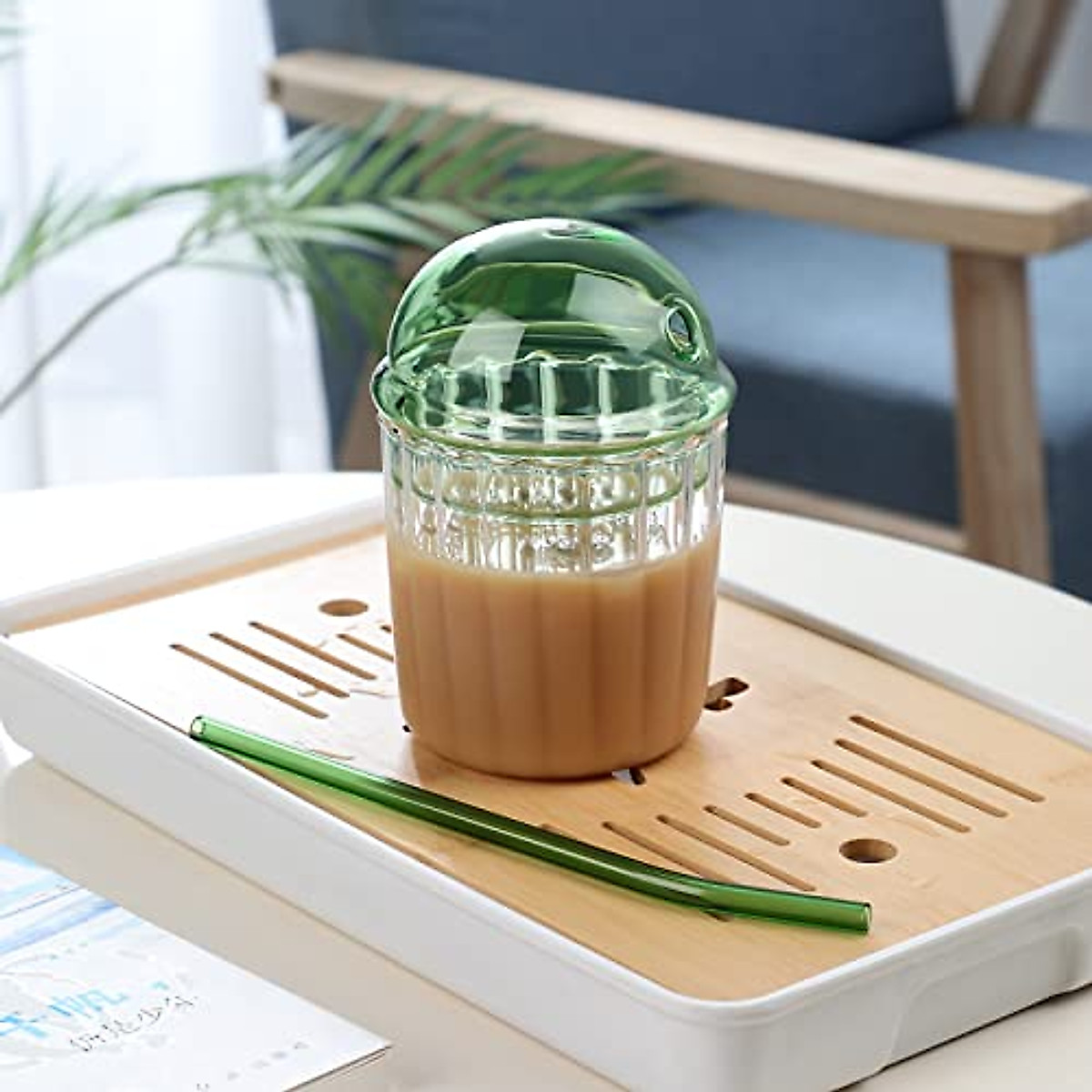 MISNODE 2 PCS Drinking Glasses with Lids and Glass Straw, 450ml Glass Cups Beer Can Glass Ice Coffee Cup Creative Tumbler with Lid and Straw for Home Office Bar Restaurant