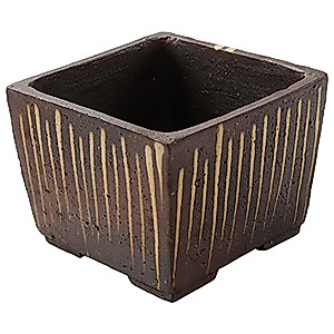 Wazakura Tokoname Series Small Handmade Striped Square Bonsai Pot with Drainage Hole 4.1in (105mm) Made in Japan, Ceramic Training Starter Container, Decorative Flower Planter - Brown