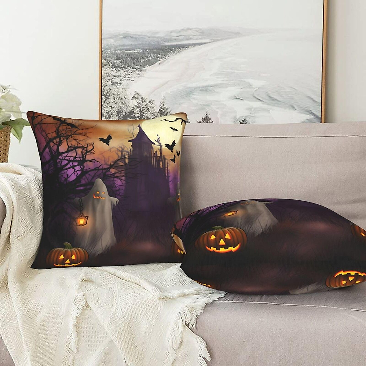 SHIRMDIY Ghost Pumpkin Moon Square Throw Pillow Covers 2 Packs, Halloween Castle Decorative Couch Pillowcase with Hidden Zipper, 16x16 Inch Double Side Print Throws Cushion Cover for Bed Sofa