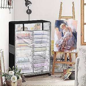 Utility Cart Cover, 15 Drawer Rolling Cart Cover, Fits Racks 25" Lx14''Dx36''H One Side See Through Panel, Without Rolling Cart (Cover Only)