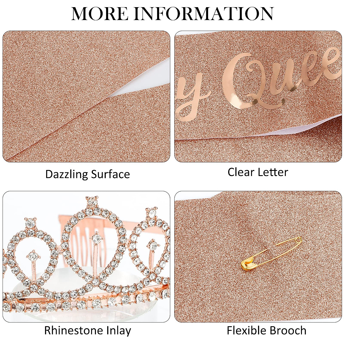 ACO-UINT Birthday Queen Crown for Women, Rhinestone Tiara & Birthday Sash Set Rose Gold Birthday Crowns for Women Girls, Birthday Decorations Birthday Gifts for Women Birthday Party