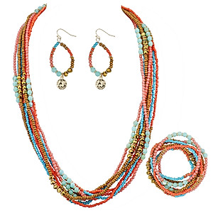 Bocar Long Multiple Strand Handmade Beaded Statement 26" Necklace for Women (NK-10563) (orange-set)