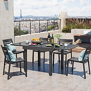 PATIOHIT Modern Aluminum Outdoor Dining Table - Expandable Patio Glass Dining Table for 6-8, Extendable Aluminum Patio Extender Table 35" to 70" for Backyard, Porch, Deck, Garden - Dark Grey