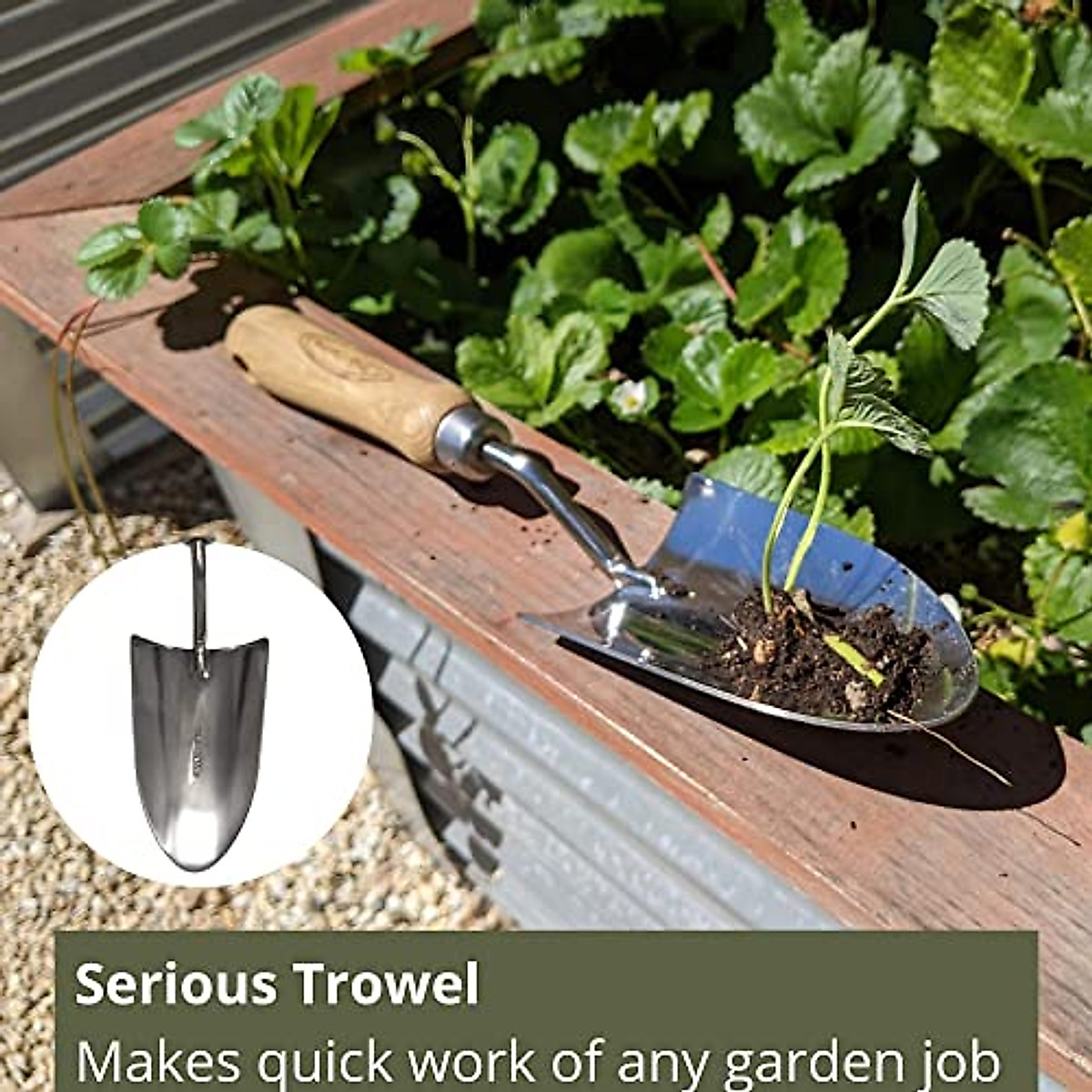 Classic 3 Piece Garden Hand Tool Set Made with Wooden Handle and Stainless Steel. Includes Large Trowel, Cultivator Hand rake, and Transplanter Trowel. Tools are Large and Heavy Duty. by Truly Garden