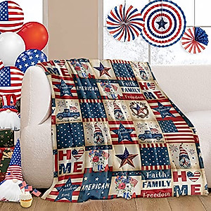 Patriotic Gnome Blanket USA Flag Throw Blankets Retro Plaid Soft Flannel Fleece Comfort Blanket, Check American Theme 4th of July Cozy Warm Bed Cover for Sofa Couch Chair 40x50In