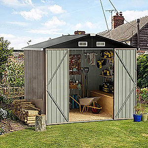 oneinmil Storage Shed 6'x8' Outdoor Garden Storage Shed, Galvanized Steel Metal Garden Shed with Air Vent and Hinged Door Utility Tool Storage House for Garden, Backyard, Patio, Lawn
