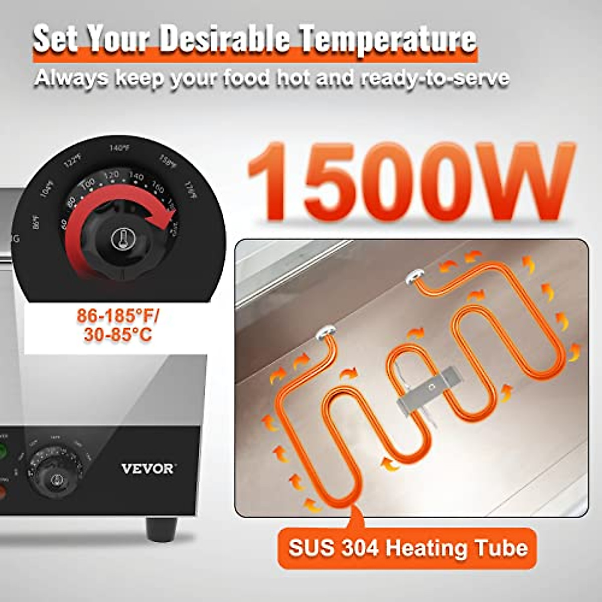 VEVOR 3-Pan Commercial Food Warmer, 3 x 8QT Electric Steam Table, 1500W Professional Countertop Stainless Steel Buffet Bain Marie with 86-185°F Temp Control for Catering and Restaurants, Silver