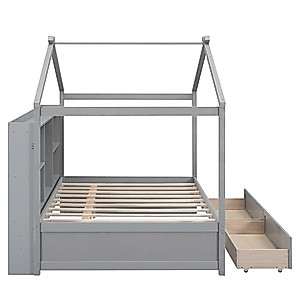 Yehha Full Size House Bed with Storage Shelves and 2 Drawers, Multifunctional Storage Wooden Bed for Boys & Girls Bedroom, Small Space, No Box Spring Needed/Wood Slats Support, Easy Assembly, Gray