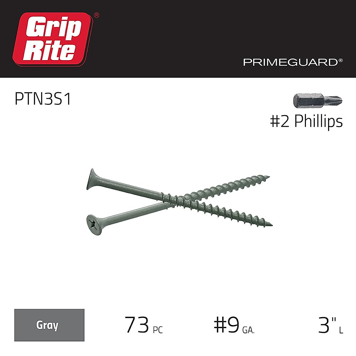Grip-Rite PTN3S1 PG10 Polymer Coated #8 x 3 Coarse Thread Deck Screw, Gray, 1lb Box
