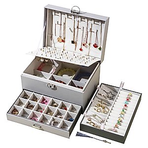 BOOVO Earring Jewelry Box For Women Girl Stud Organizer, 5 Layers Girl Jewelry Organizer Box With Lock Earring Holder Organizer Necklace Ring Jewelry Organizer Box For Girls (grey)
