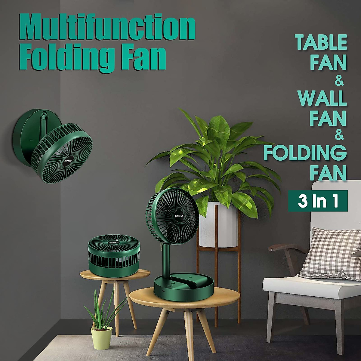 MAESHOP Portable Table Fan 6.5 Inch 3 Speeds Wind Quiet 2000mAh Rechargeable Battery Powered USB Desktop Folding Fan For Home Desk Outdoor Bedroom Office Trave (Green)