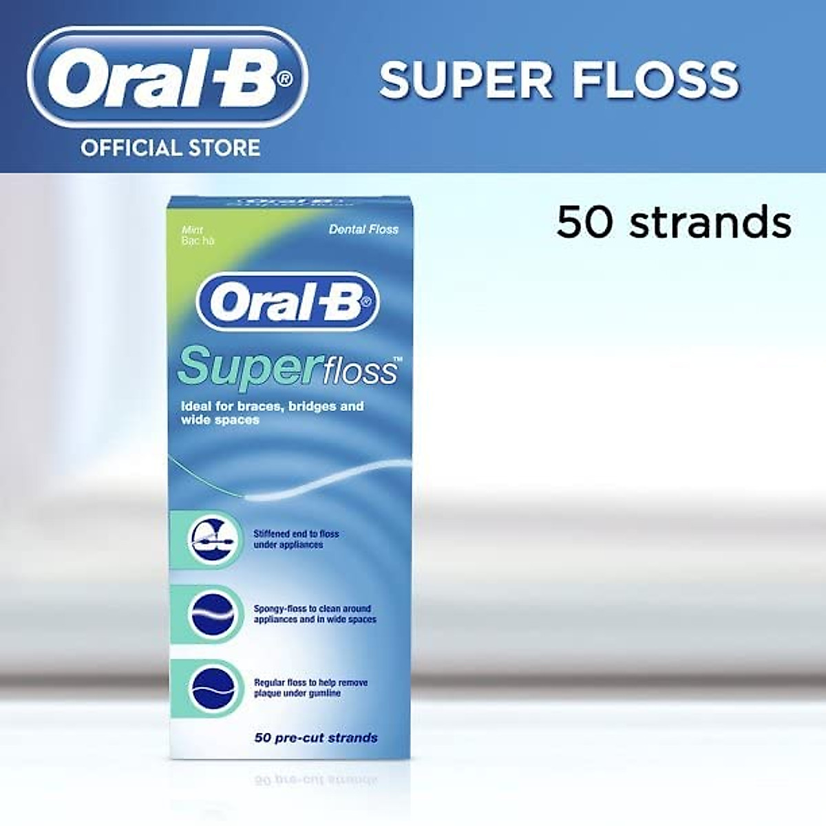 Oral-B Super Floss Mint Dental Floss for Braces Bridges - 50 Strips (2-Pack)