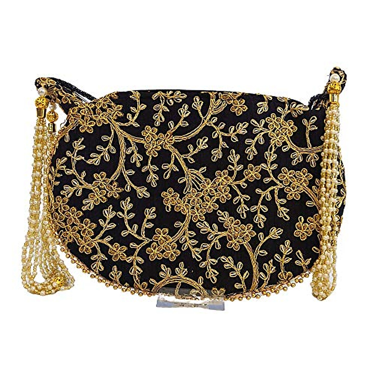 Women's Handmade Silk Drawstring Purse, Indian Potli Bag, Black Crossbody Triangle Purse