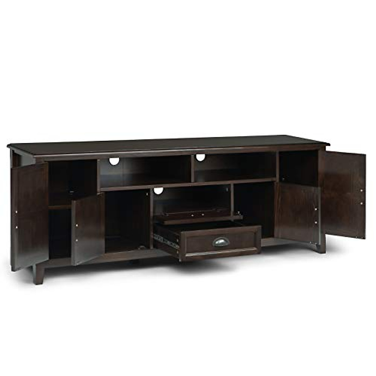 SIMPLIHOME Burlington SOLID WOOD 72 inch Wide Transitional TV Media Stand in Mahogany Brown For TVs up to 80 inches for the Living Room and Entertainment Center
