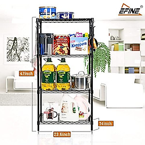 EFINE 4-Shelf Shelving Unit with 8 Hooks and 4-Shelf Liners, NSF Certified, Adjustable Metal Wire Shelves, Shelving Rack and Storage for Kitchen Laundry Bathroom Pantry Closet(23.6W x 14D x 47H) Black