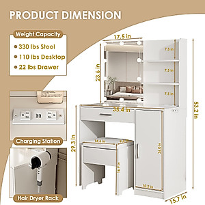 Makeup Vanity Desk with Lighted Mirror & Power Strip,Makeup Vanity Table with Lights and Lots Storage,3 Lighting Modes,35in Large Drawers Dressing Table,White