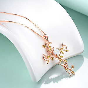 SOULMEET Cross Pendant Necklace Jewelry Gift for Women, Sterling Silver Simulated Opal Rose Gold Plated Leaf Necklace for Love God We Trust