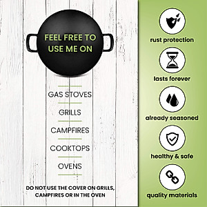 Homeries Pre-Seasoned Cast Iron Wok with 2 Handled and Wooden Lid (14 Inches) Nonstick Iron Deep Frying Pan with Flat Base for Stir-Fry, Grilling, Frying, Steaming - For Authentic Asian, Chinese Food