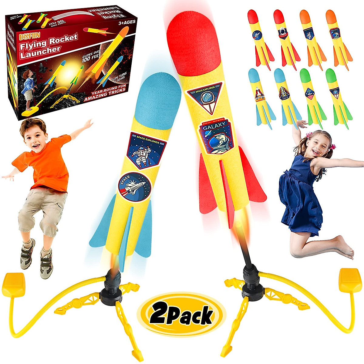 BEEFHN Toy Rocket Launcher for Kids, Incl 2 Launchers & 8 Foam Rockets, Shoots Up to 100 Feet, Sturdy Jump Launch Toys Fun Outdoor Toy for Kids, Gift for Boys and Girls Age 3 4 5 6+ Years Old