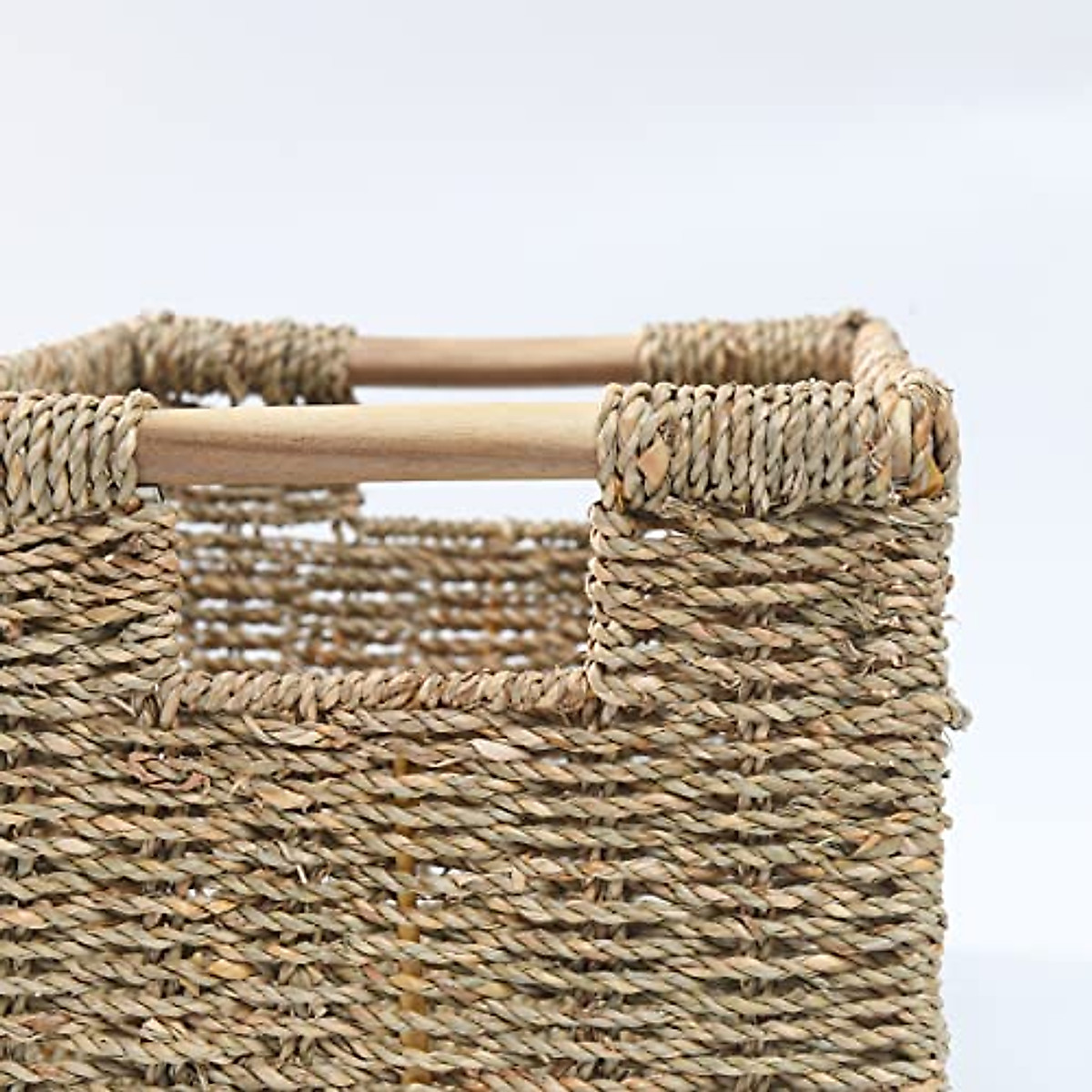 Teri Tale Seagrass Storage Baskets with Wooden Handles, Rectangular Wicker Baskets for Organizing - Decorative Wicker Storage Basket for Living Room (Large)