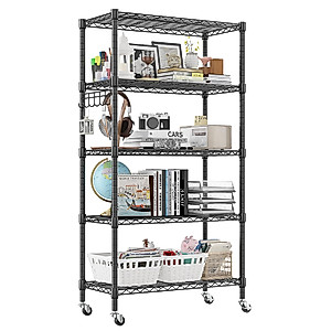 Homdox 5 Tier Metal Storage Shelves with Wheels, Heavy Duty Wire Shelving Unit, Adjustable Storage Racks with Side Hooks for Bathroom Kitchen Garage Pantry Organization, Black