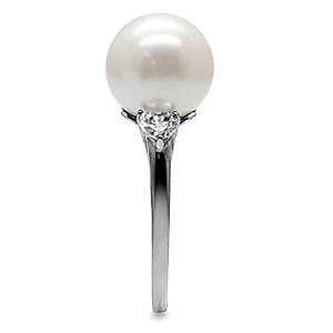Eternal Sparkles Simulated Round White Pearl with Clear CZ Accent Stainless Steel Cocktail Ring