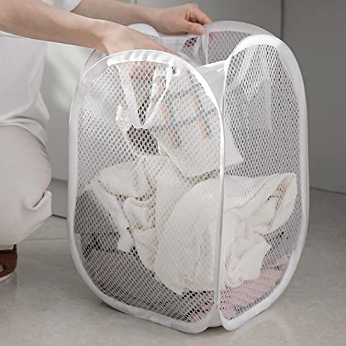 Popup Laundry Hamper with Handle, Foldable Large Capacity Mesh Laundry Hamper Home Supplies White