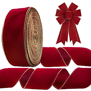 Threetols 50 Yards Red Velvet Wired Edge Ribbons, 2.5inch Red Velvet Solid Ribbon Gilt Edged Burlap Ribbon for New Year Birthday Party Wrapping DIY Craft Decoration Wreaths Bow